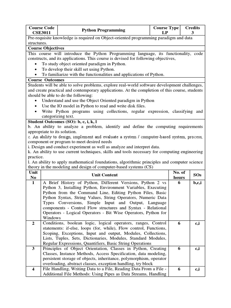 Course Code CSE3011 Python Programming Course Type LP Credits 3 | PDF | Python (Programming ...