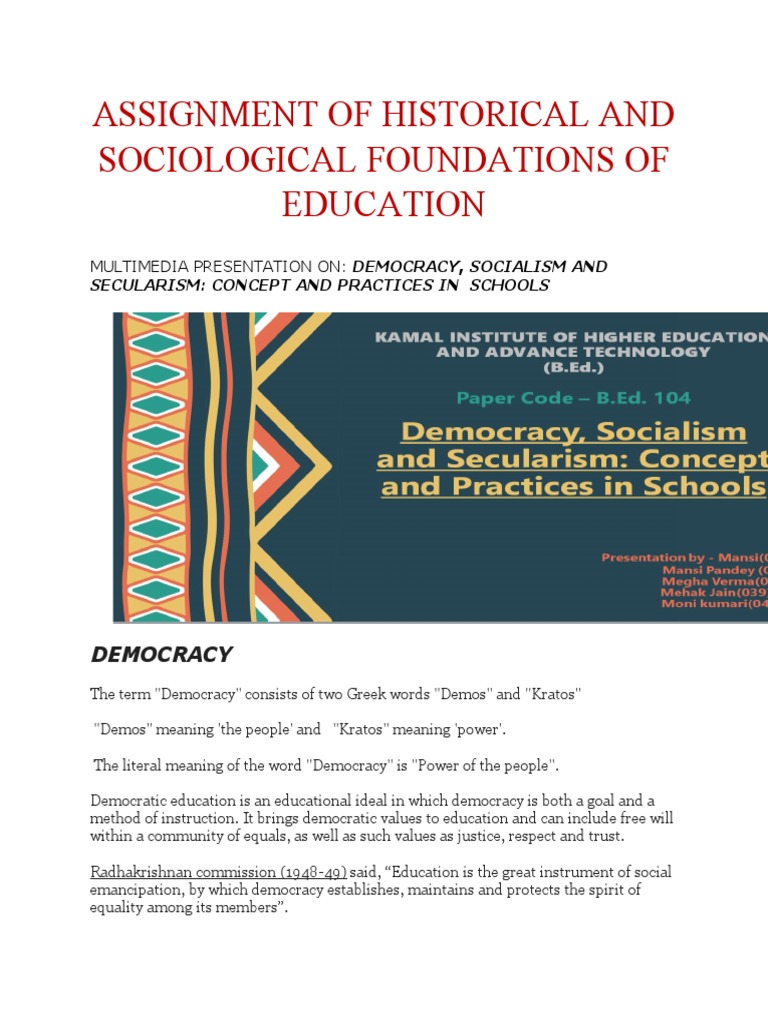 Foundations of Education: Democracy, Socialism, Secularism | PDF ...