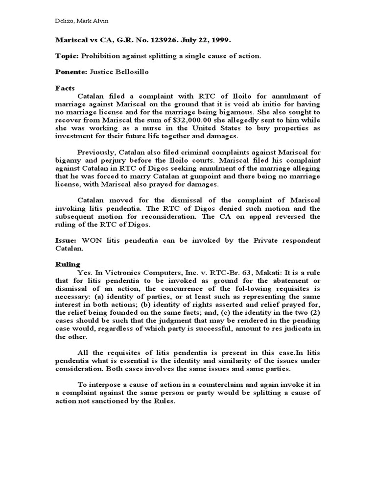 Mariscal Vs CA, G.R. No. 123926. July 22, 1999. Topic: Prohibition ...