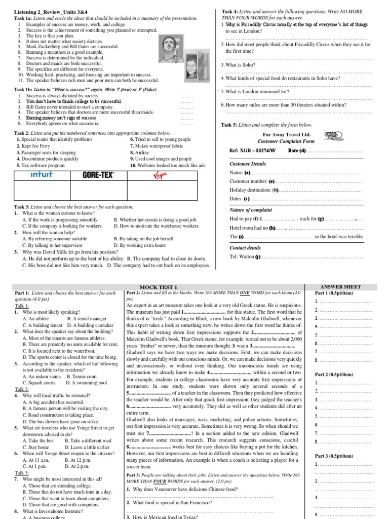 Listening 2 - Review - Units 3&4: Task 4: Listen and Answer The ...