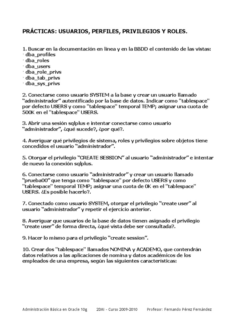 Oracle Administración Ejercicios Pdf Base De Datos Oracle