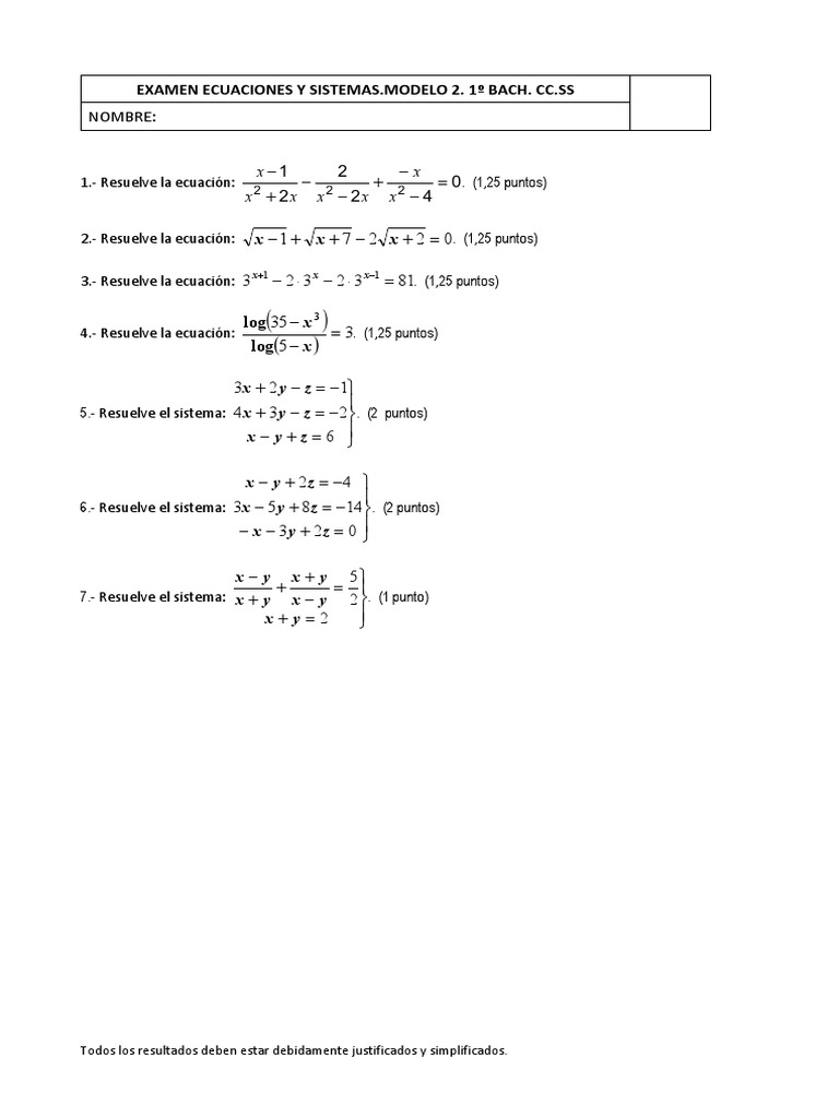 Examen 1º Bach Ecuaciones Y Sistemas Modelo2 Pdf 4007