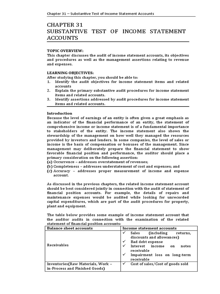 Substantive Tests for Income Accounts | PDF | Audit | Expense