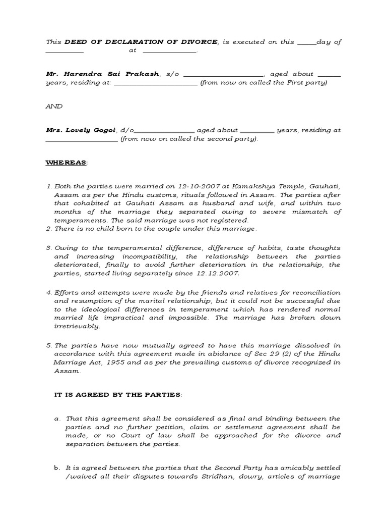 This DEED OF DECLARATION OF DIVORCE | PDF | Marriage | Divorce