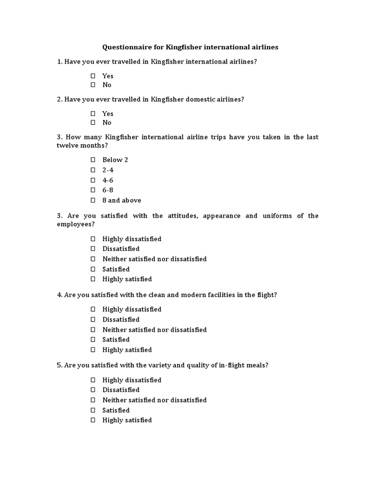 Kingfisher Airline Survey Questionnaire | PDF | Airlines | Aeronautics