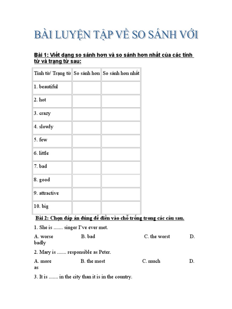 BAI LUYEN TAP VE SO SANH VOI TINH TU VA TRANG TU Exercise On Comparison CUC HAY CO DAP AN | PDF ...