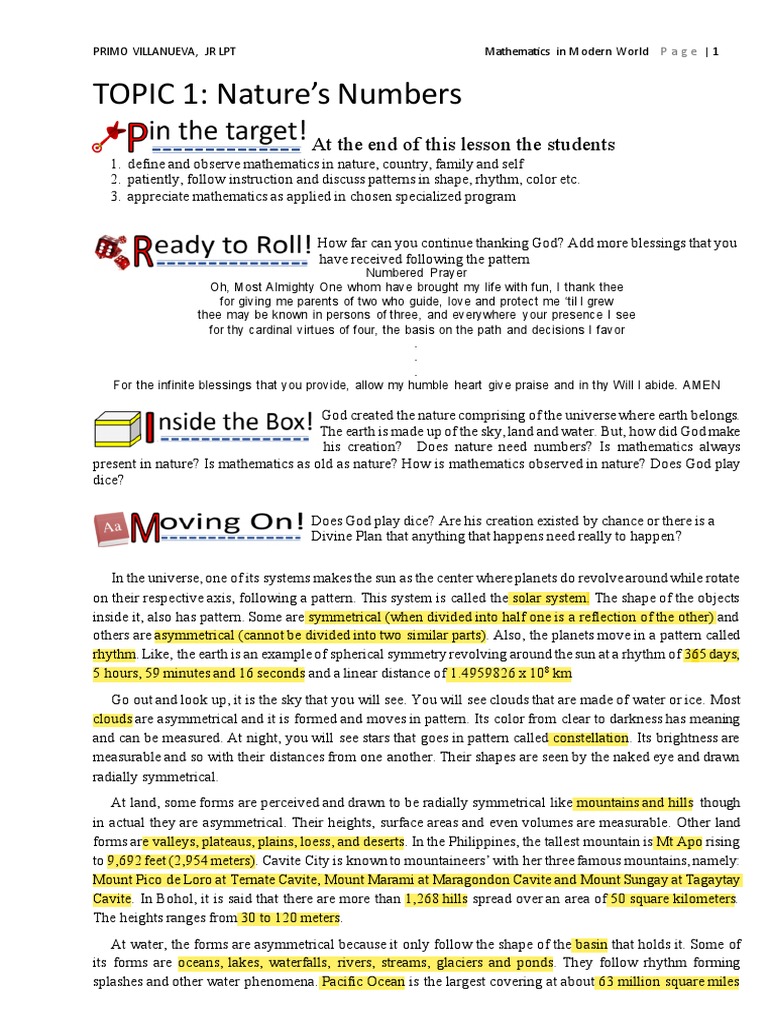 TOPIC 1: Nature's Numbers: at The End of This Lesson The Students | PDF ...
