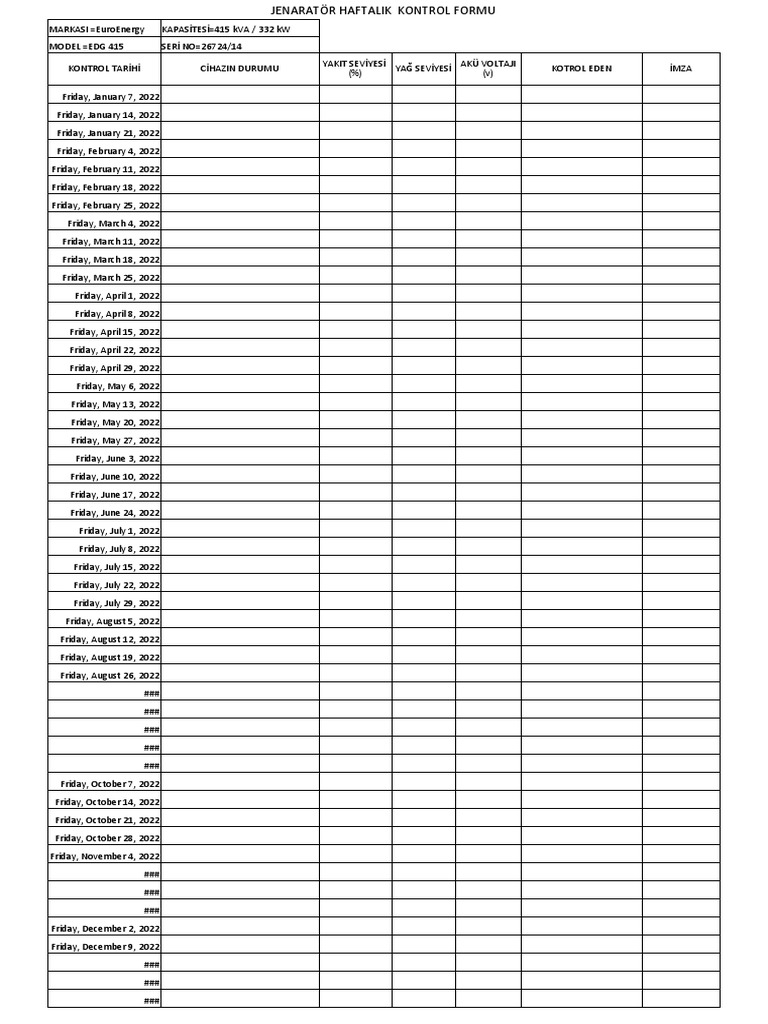 Weekly Generator Maintenance Checklist and Inspection Log for 2022 | PDF