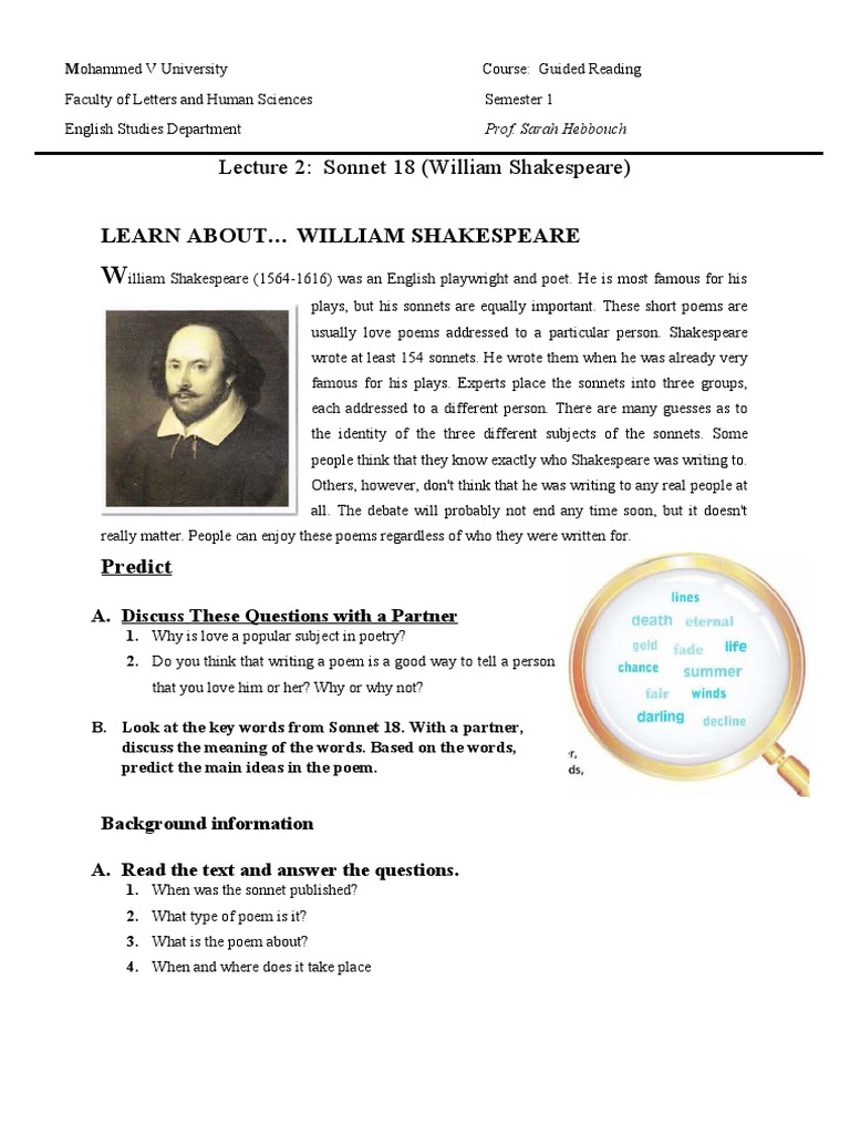 Lecture 2 - Sonnet 18 - William Shakespeare | PDF | Poetry | Sonnets