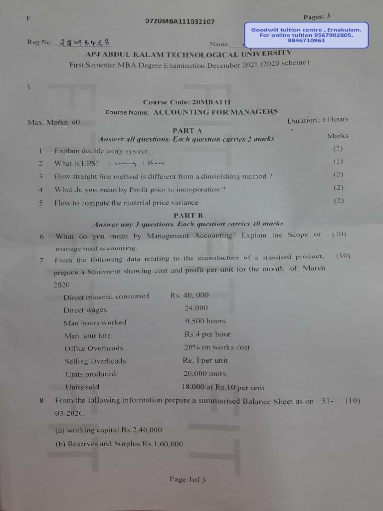 Cusat Question Paper Mba Accounting For Managers 2022 March | PDF