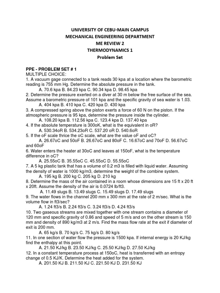 Thermo1-Problem Set Part 1 | PDF | Pressure | Enthalpy