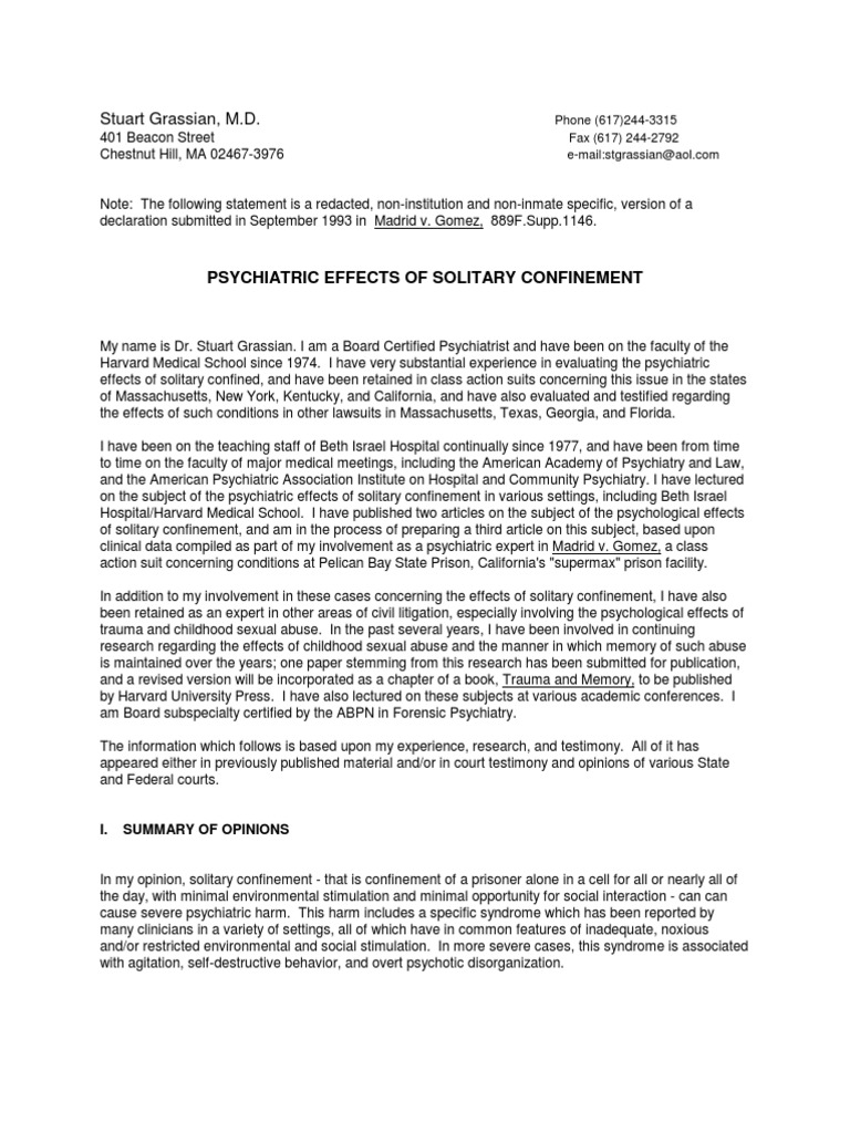 Stuart Grassian, M.D.: Psychiatric Effects of Solitary Confinement ...