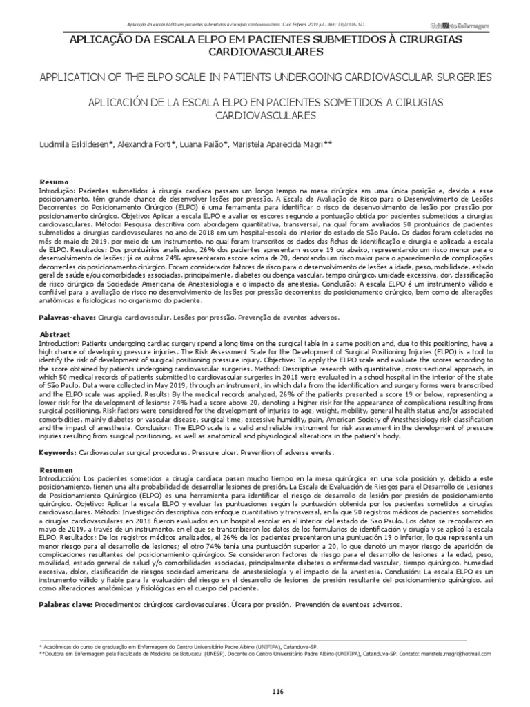 Aplicação Da Escala Elpo em Pacientes Submetidos À Cirurgias ...