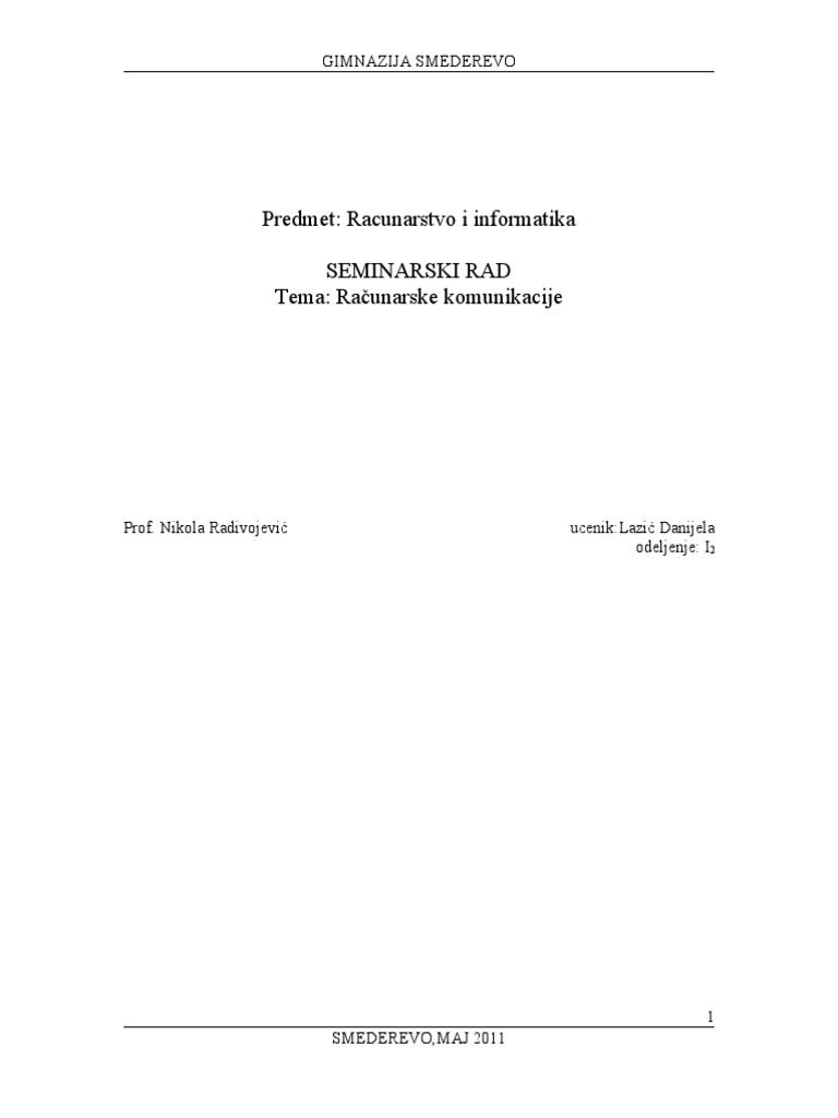 Predmet: Racunarstvo I Informatika Seminarski Rad Tema: Računarske Komunikacije | PDF