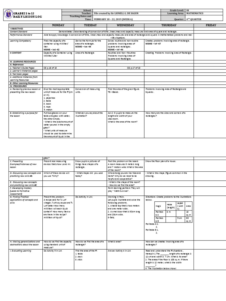 Grade 3 Math Week 6 Lesson Plan | PDF | Area | Learning