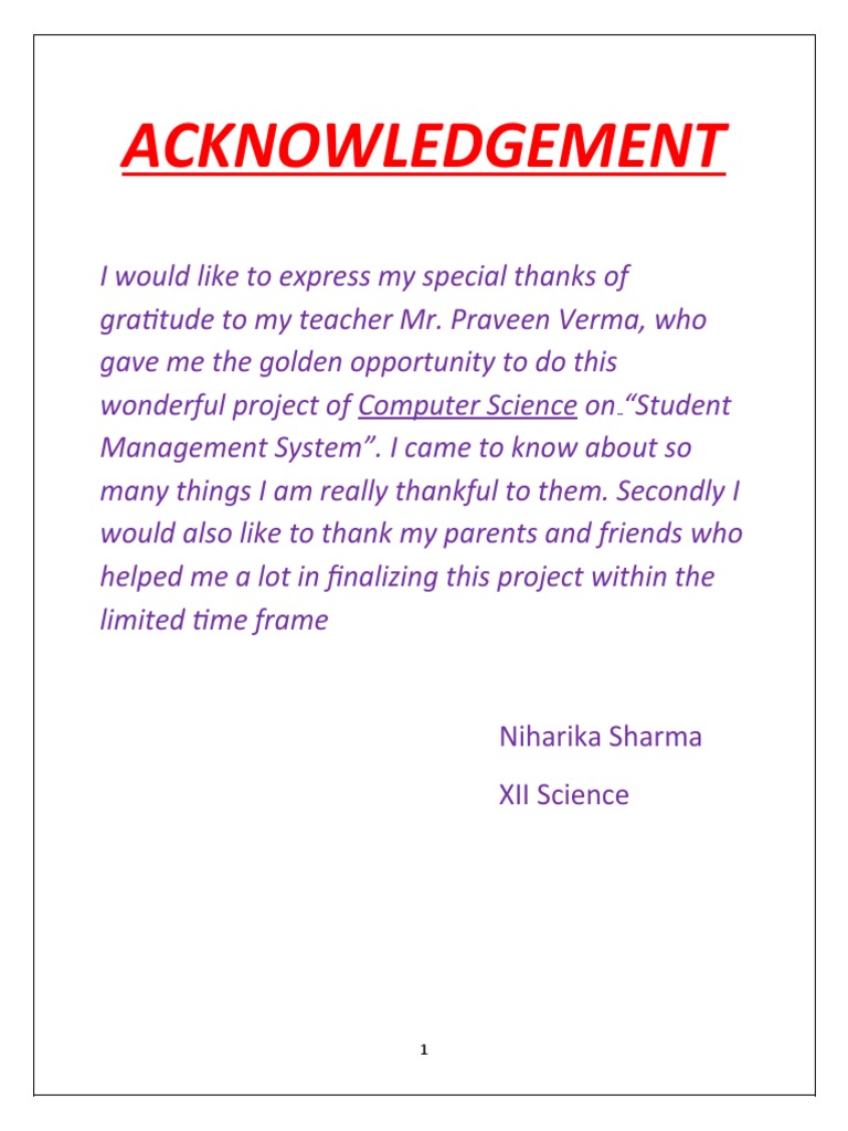 Acknowledgement: Niharika Sharma XII Science | PDF | My Sql | Python (Programming Language)