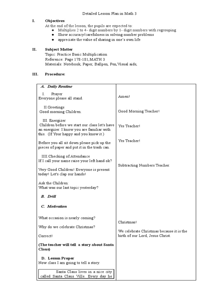 Detailed Lesson Plan in Math 3 | PDF | Santa Claus | Multiplication