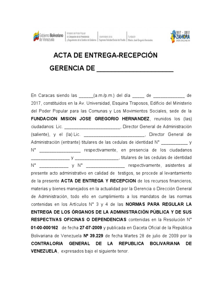 Acta de Entrega y Recepcion (Modelo) | PDF | Auditoría | Administración ...