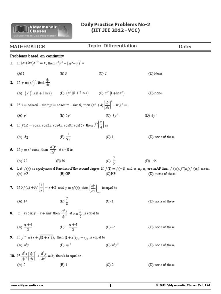 1280-IIT JEE2012 Maths DPP 2 Differentiation WAKey | PDF | Analysis | Functions And Mappings
