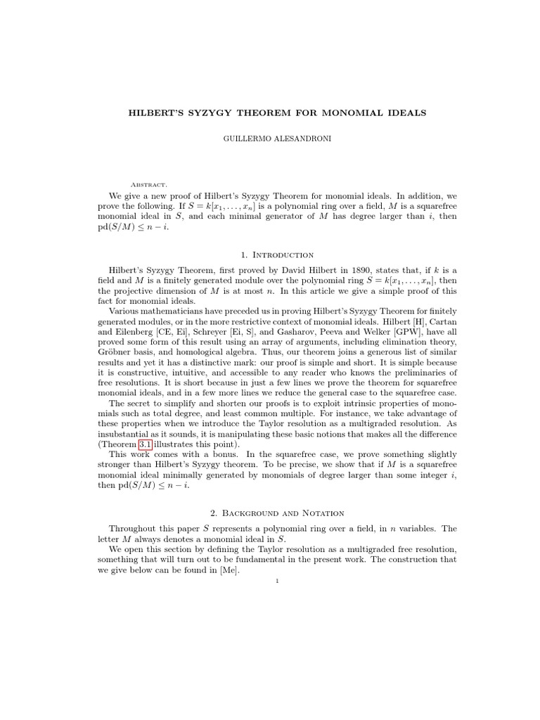 Hilberts Syzygy Theorem For Monomial Ideals | PDF | Ring (Mathematics ...