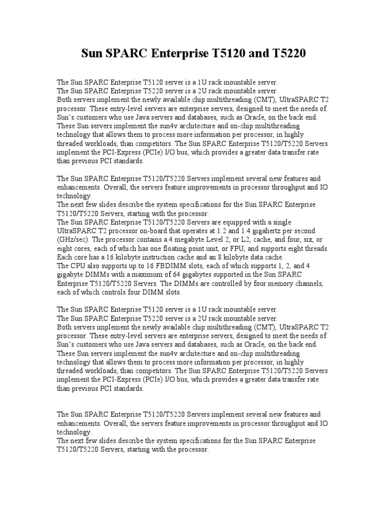 Sun SPARC Enterprise T5120 and T5220 | PDF | Multi Core Processor ...