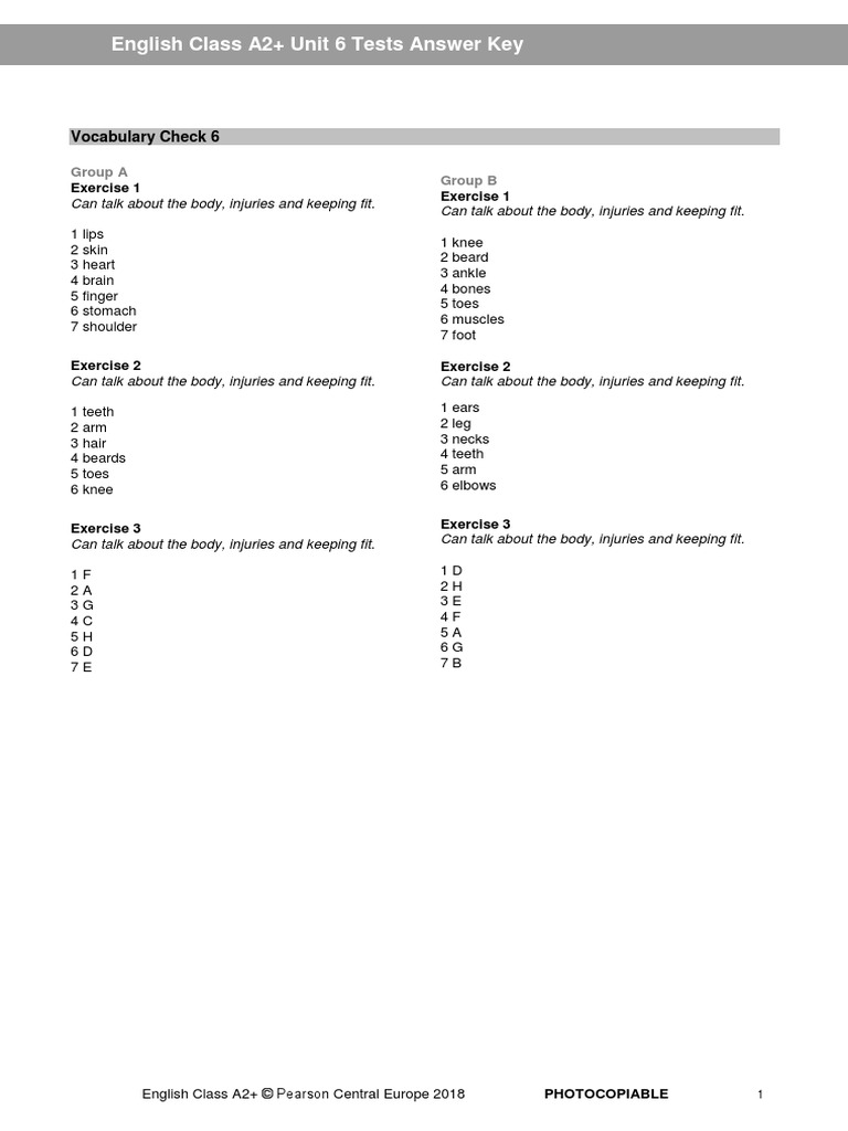 English Class A2+ Unit 6 Tests Answer Key: Vocabulary Check 6 | PDF ...