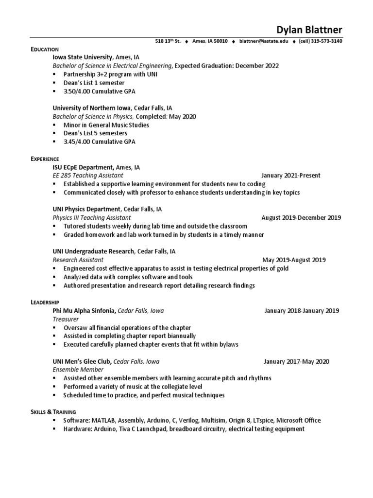 Blattner Dylan Resume | PDF | Learning | Cognition