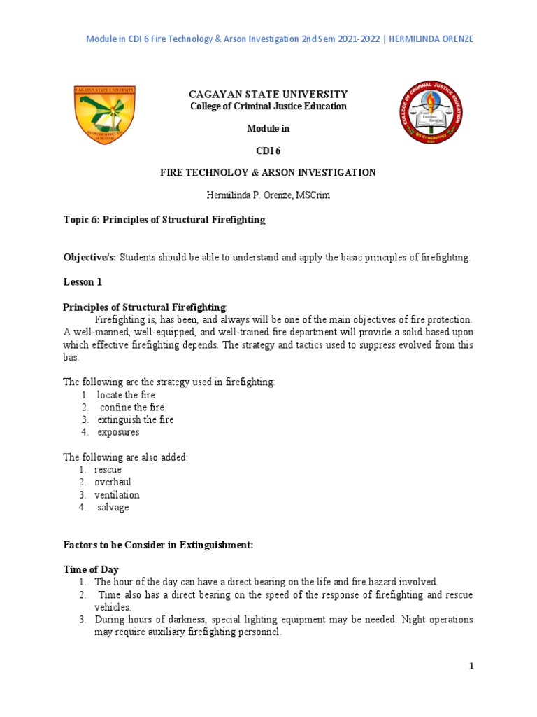 Cagayan State University: College of Criminal Justice Education Module in Cdi 6 Fire Technoloy ...