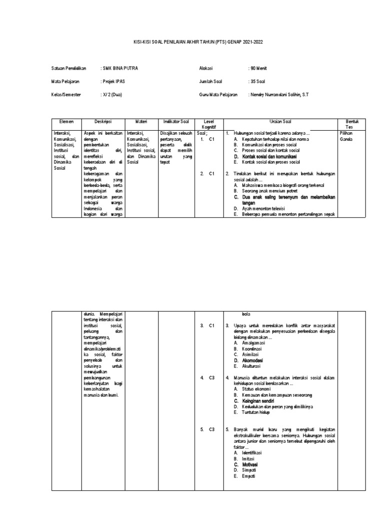 Kisi-Kisi Soal IPAS Kelas 10 Semester 2 | PDF