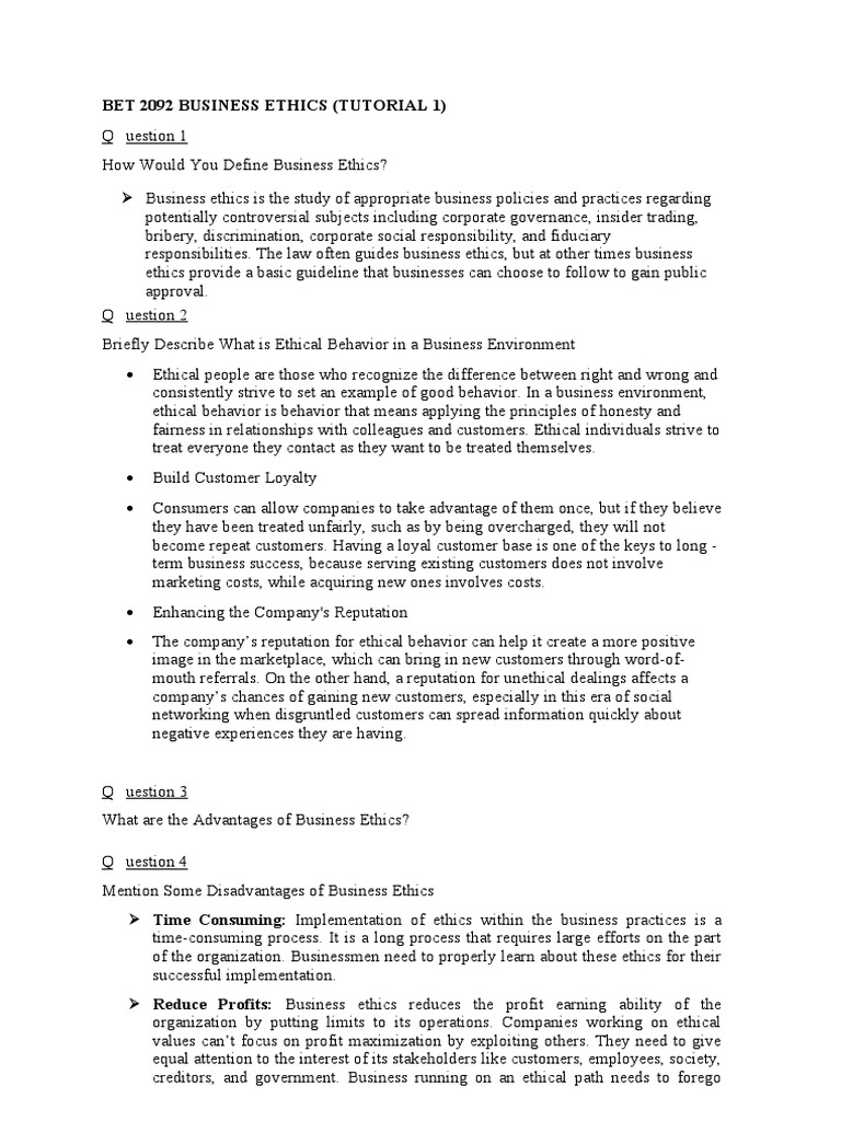 Business Ethics (Tutorial1) | PDF | Business Ethics | Reputation