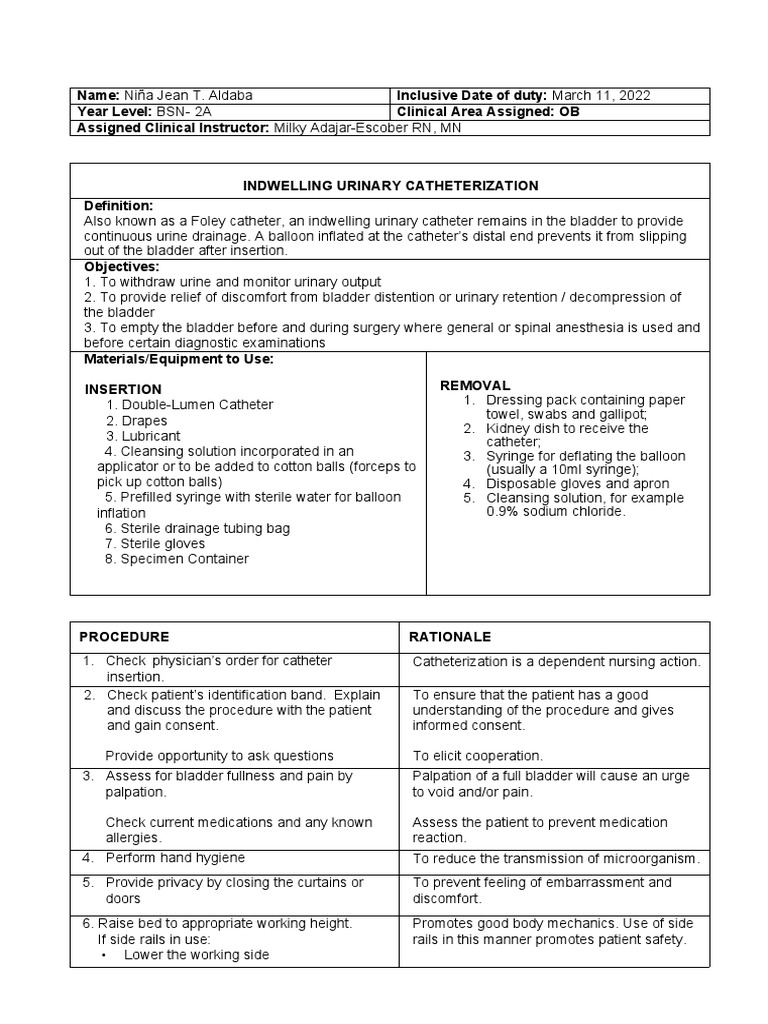 Indwelling Catheterization Procedure | PDF | Catheter | Urinary Bladder