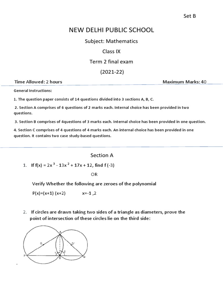 9th Question Paper | PDF | Area | Mathematics