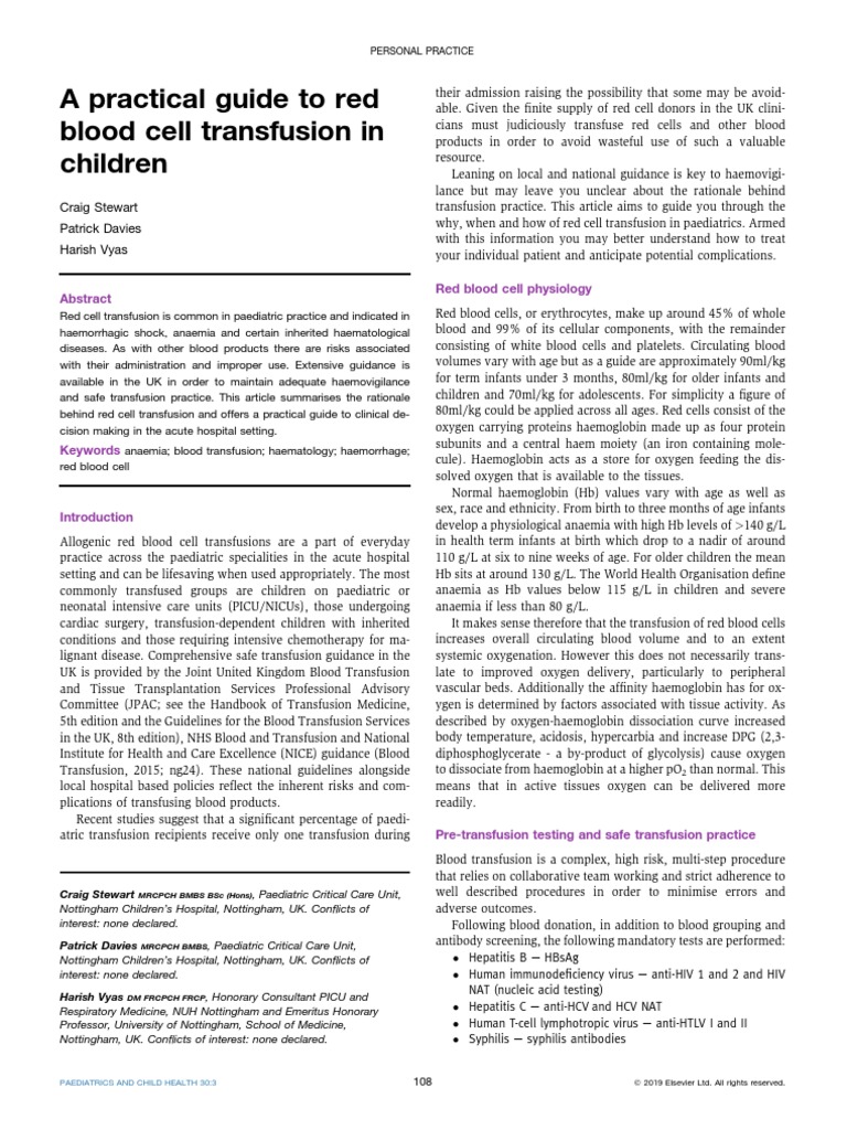 A Practical Guide To Red Blood Cell Transfusion in Children 2020 | PDF ...