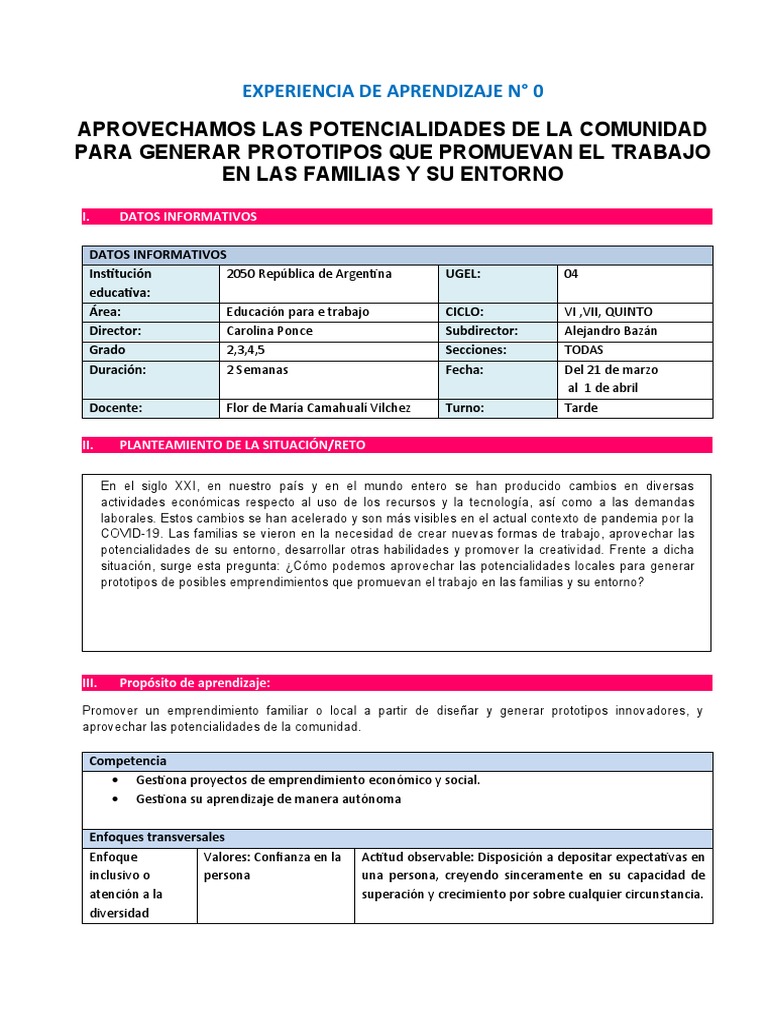 4a - Ept-04 Experiencia de Aprendizaje | PDF | Aprendizaje | Iniciativa empresarial