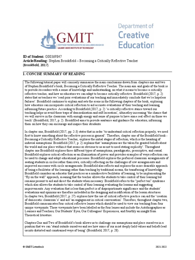 Tutorial Paper 2 - Brookfield Chapter 2 | Download Free PDF | Learning | Teachers