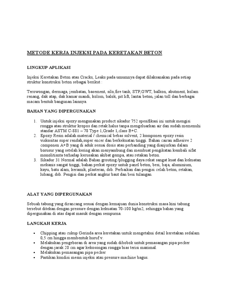 Metode Kerja Injeksi Pada Keretakan Beton | PDF