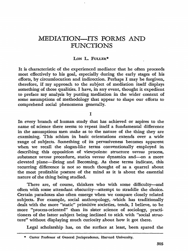 Lon L. Fuller (1971) Mediation-Its Forms and Functions | PDF