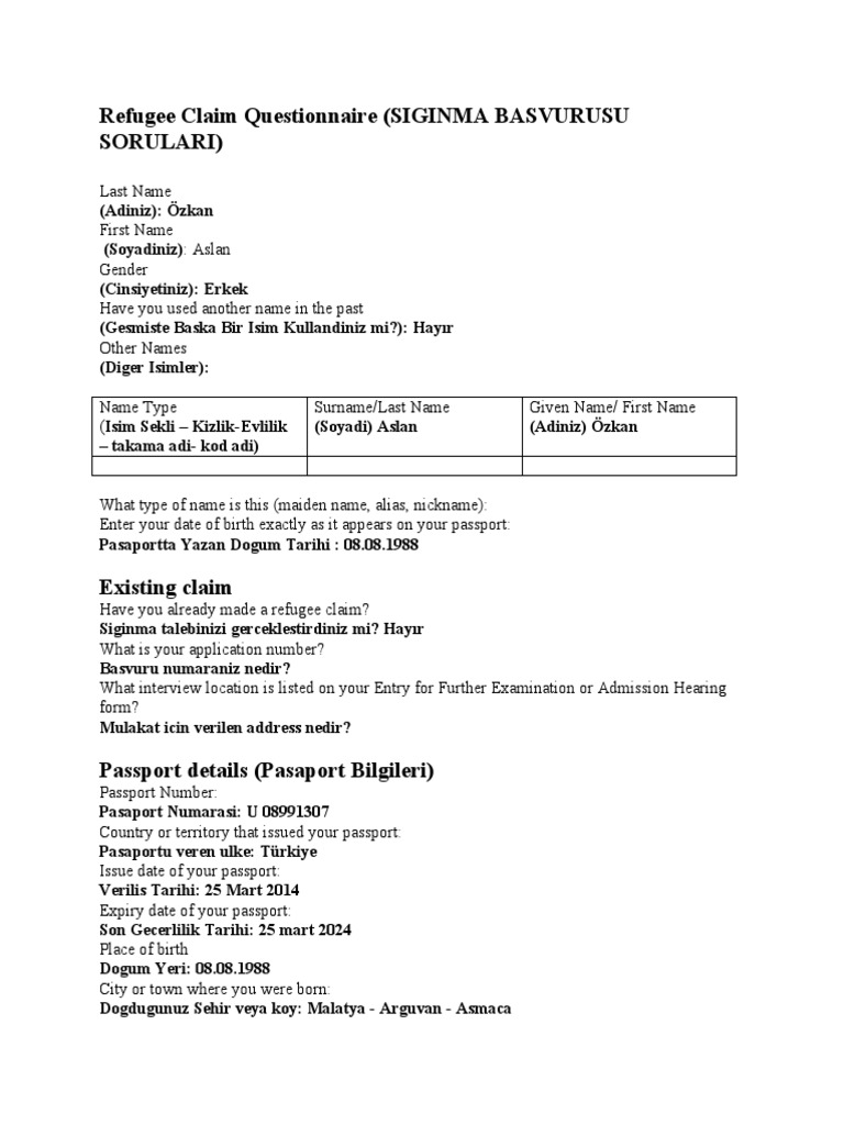 Refugee Claim Questionnaire (1) | PDF | Passport | Government