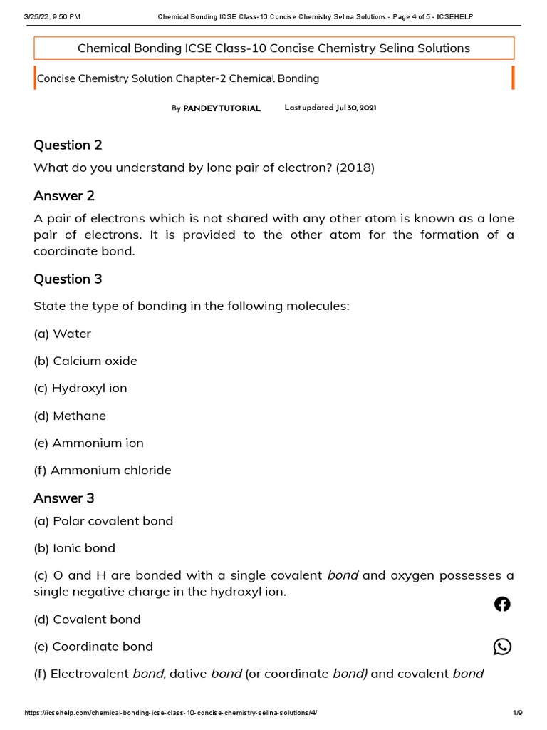 Chemical Bonding ICSE Class-10 Concise Chemistry Selina Solutions ...