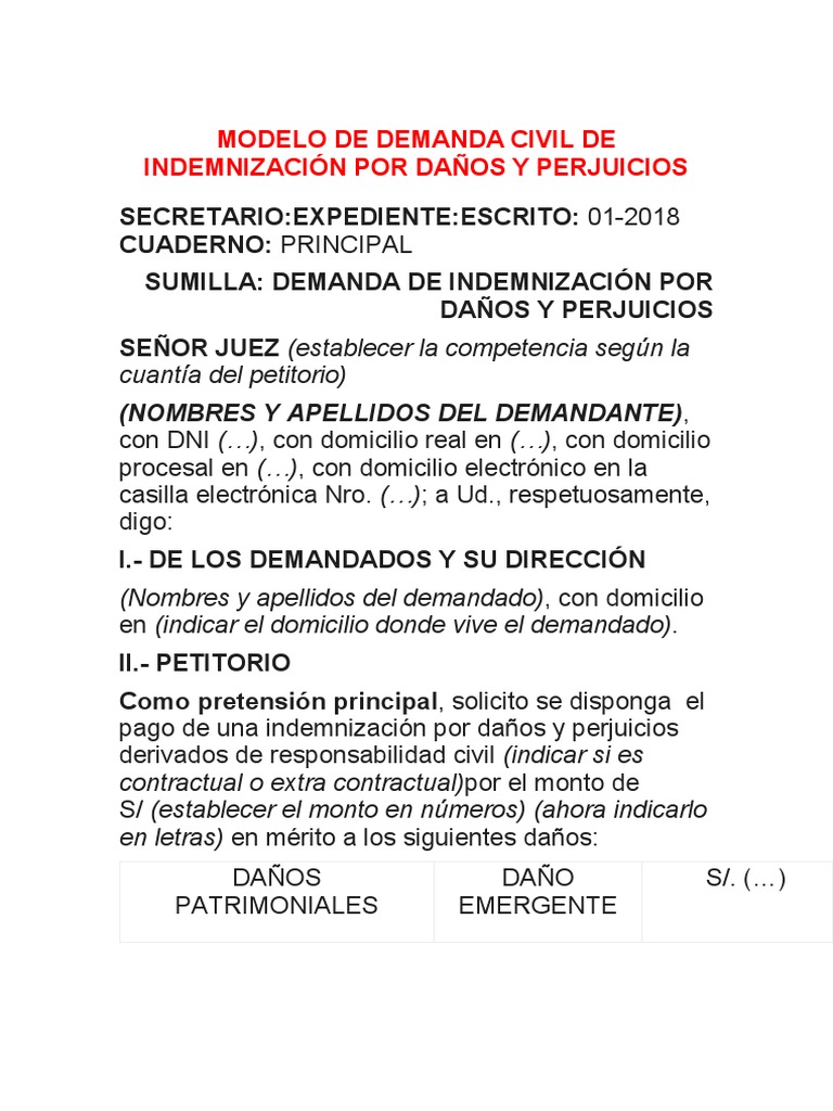 Formulario De Demanda De Juicio Ordinario De Indemnización – YKAJUO