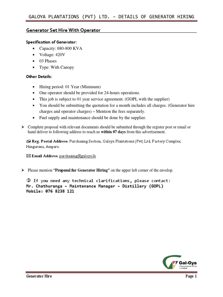 Proposal For Generator Hire | PDF
