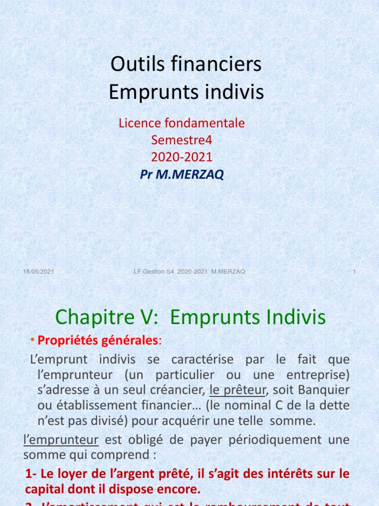 Partie 1 Chapitre V Emprunts Indivis | PDF | Prêts | Amortissement ...