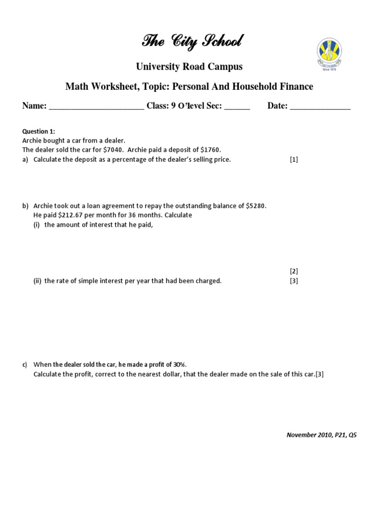 Personal and Household Finance Worksheet | PDF | Interest | Business