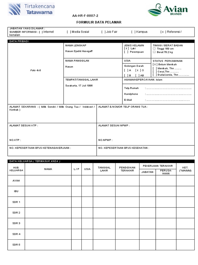 Form Data Pelamar | PDF