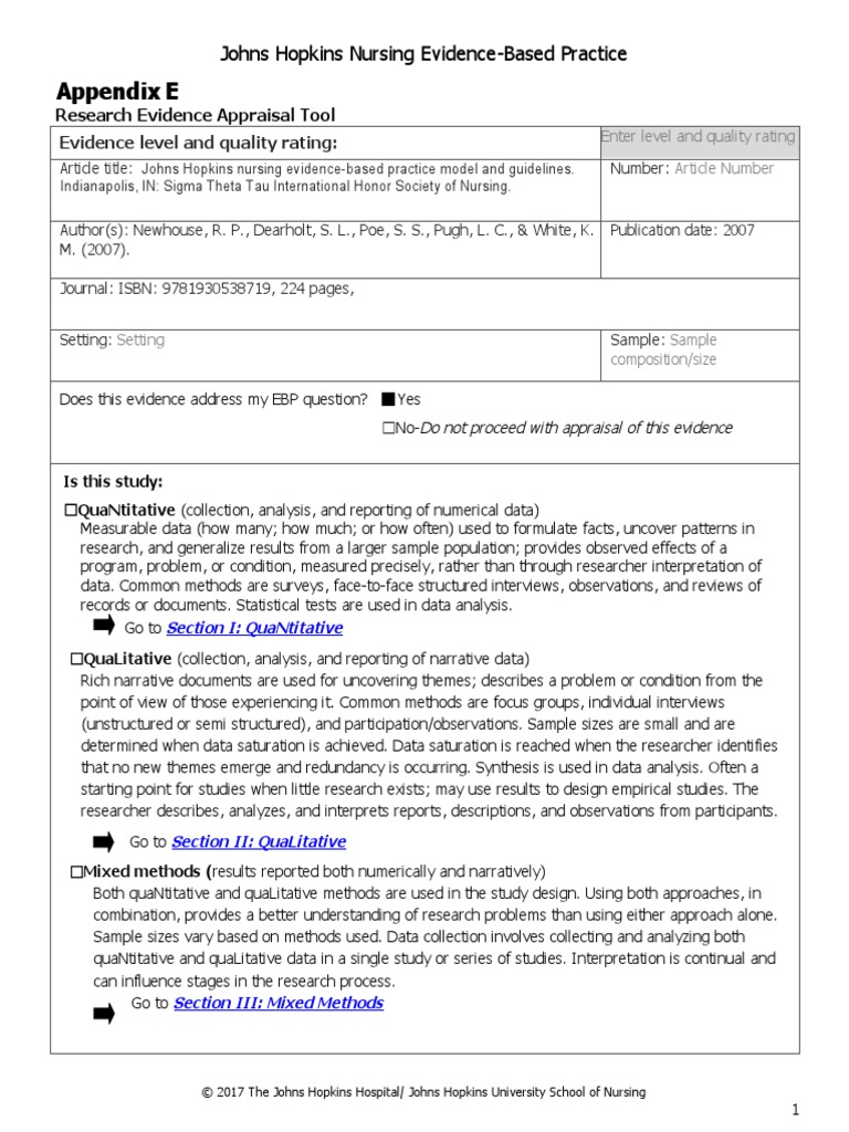 Appendix E: Johns Hopkins Nursing Evidence-Based Practice | PDF ...