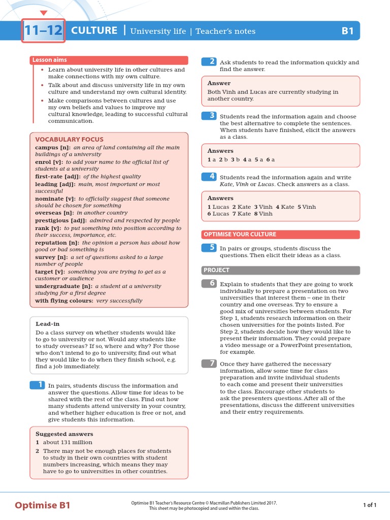 Culture - B1: University Life - Teacher's Notes | PDF | University ...