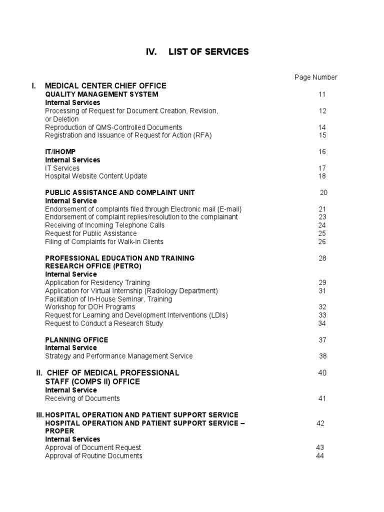 IV. List of Services: I. Medical Center Chief Office | PDF | Patient ...