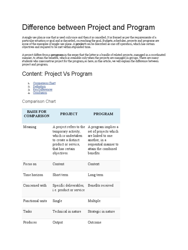 Difference Between Project And Program Printables PDF Goal