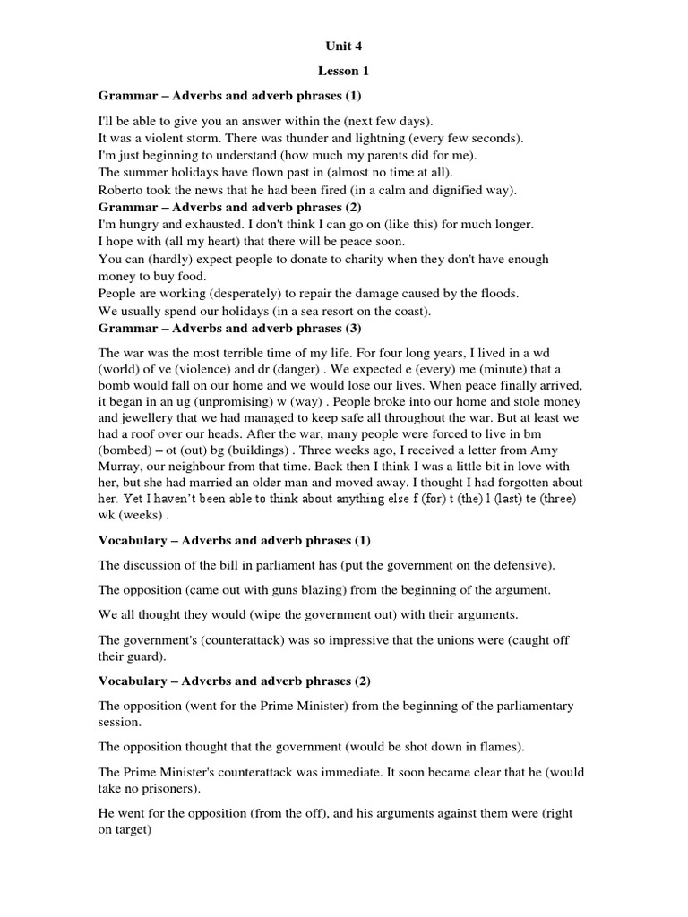 Unit 4 Lesson 1 Grammar - Adverbs and Adverb Phrases | PDF