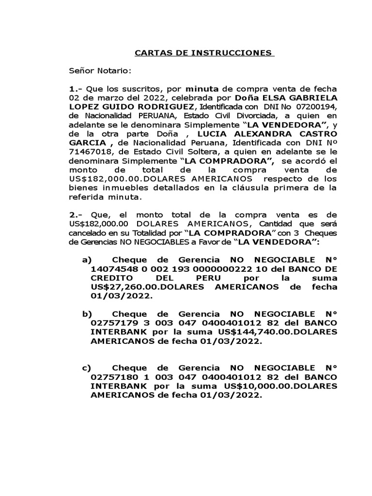 Carta Instrucciones Notario | PDF